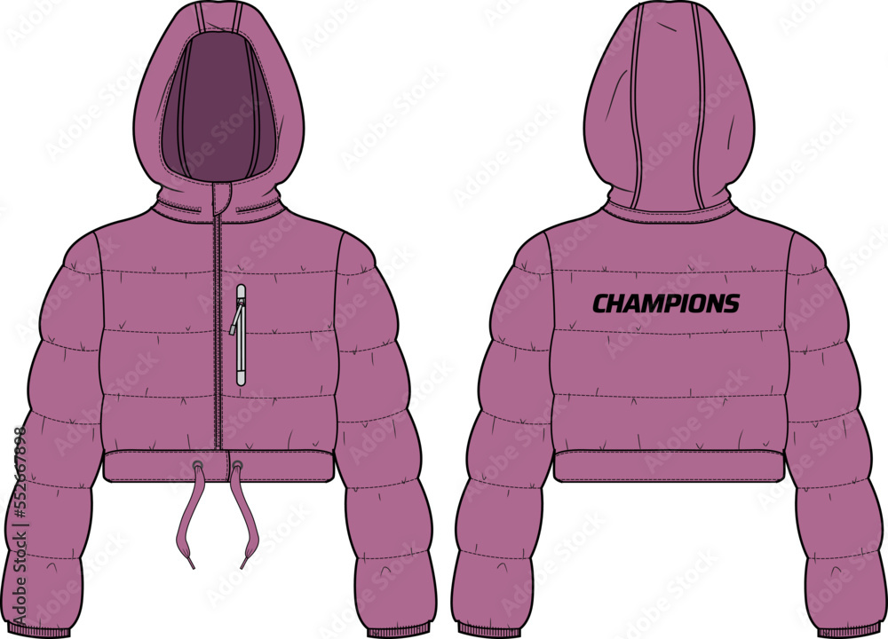 Womens Quilted Puffer Hooded jacket design flat sketch Illustration ...
