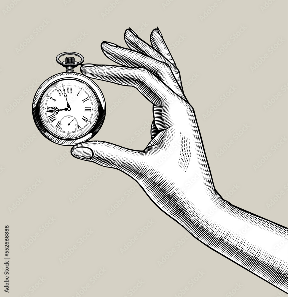 Woman's hand with a retro pocket watch. Vintage stylized drawing ...