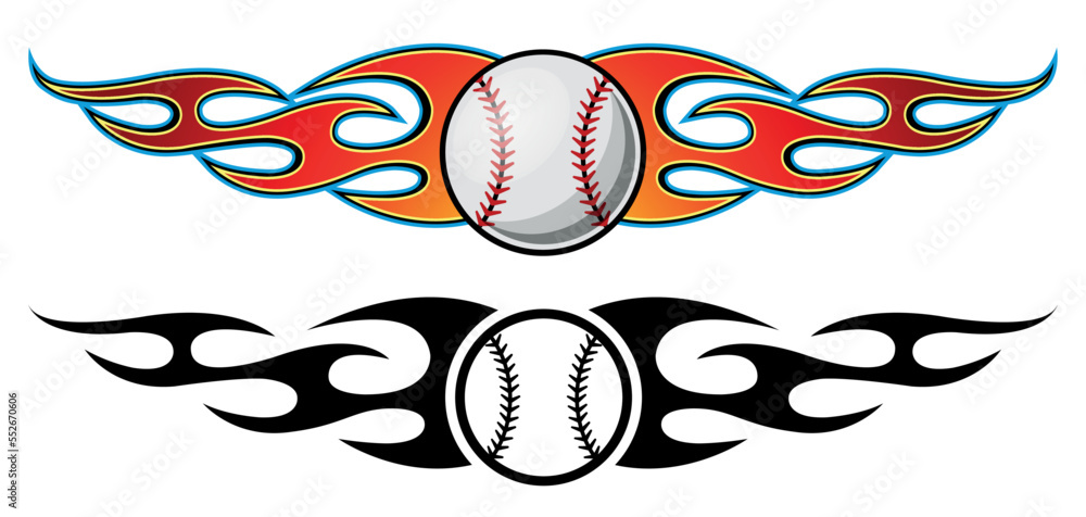Set of baseball ball and fire flame vector illustrations. Burning ...