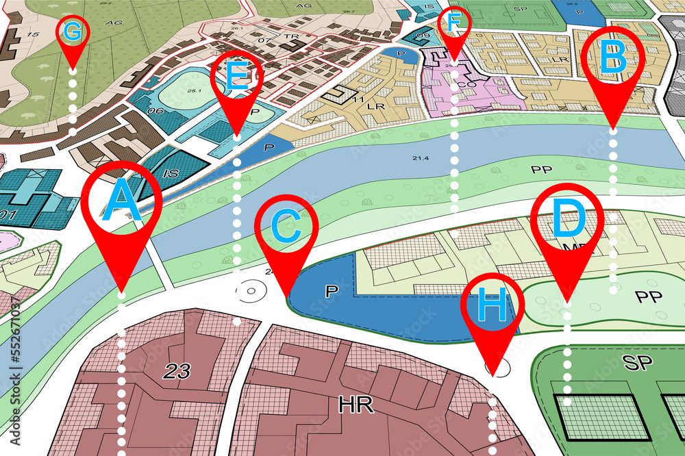 Imaginary city map with buildings and positioning signs - location on ...