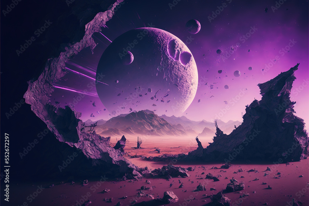 Purple alien landscape broken moon falling to pieces, space fantastic ...