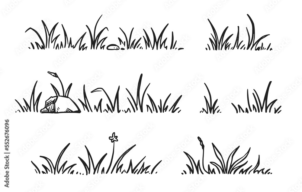 Grass doodle sketch style set. Hand drawn grass field outline scribble ...