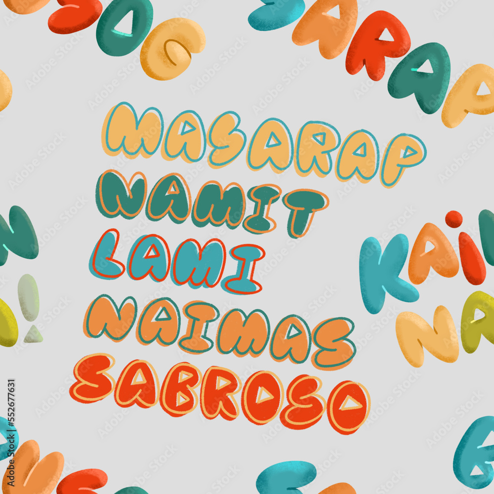 Illustrated lettering pattern in earth colors on gray background of ...