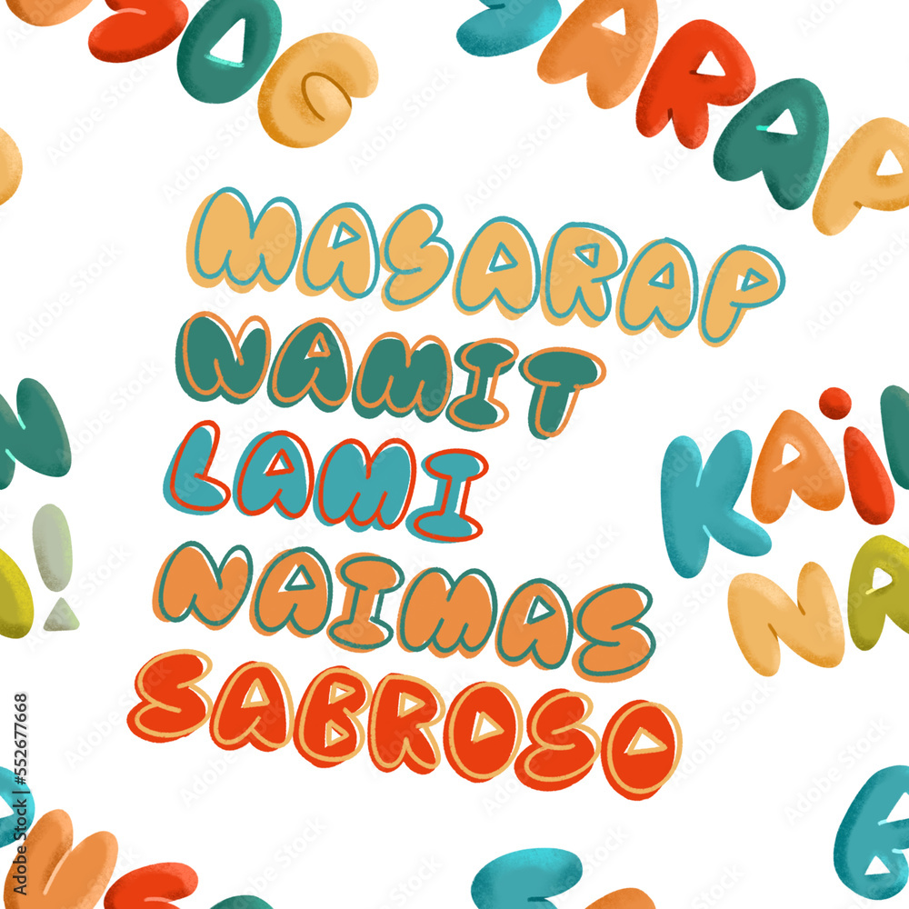 Illustrated lettering pattern of Filipino words "Busog" "Sarap" "Kain ...