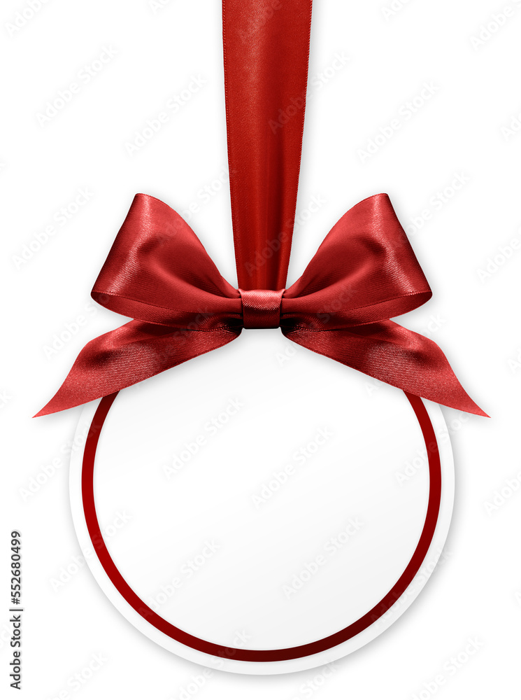 Circle ticket gift card with red bright ribbon bow Isolated on ...