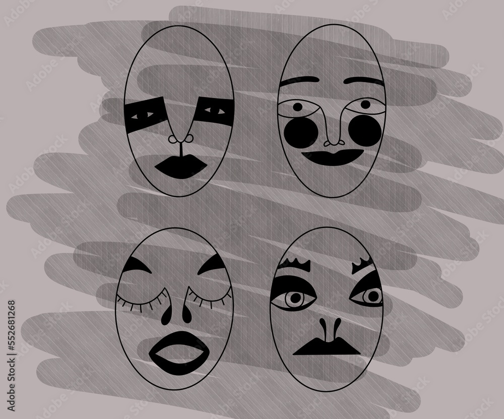 several strange muzzles with different facial expressions and emotions ...