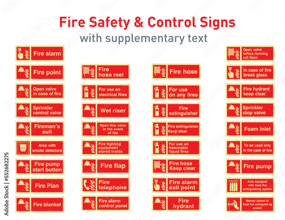 Fire Safety and control signs with supplementary text - International ...