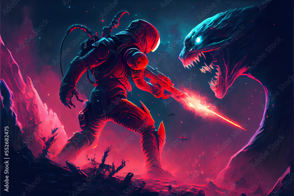 The red astronaut with light sword jumping into battle with the alien ...