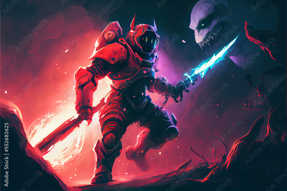 The red astronaut with light sword jumping into battle with the alien ...