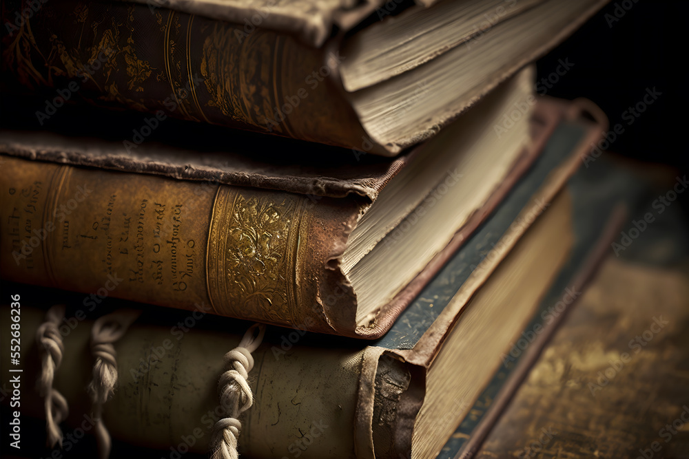 Illustrative drawing of a rare collection of old books. Close-up on old ...