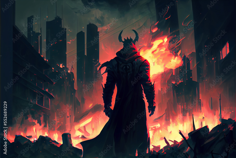 Black devil standing on ruins of building against burning city, digital ...