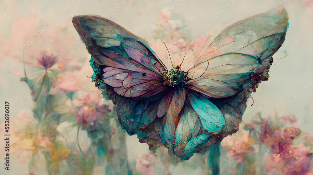 Delicate oil painting of a surreal butterfly with flowers. Pastel tones ...