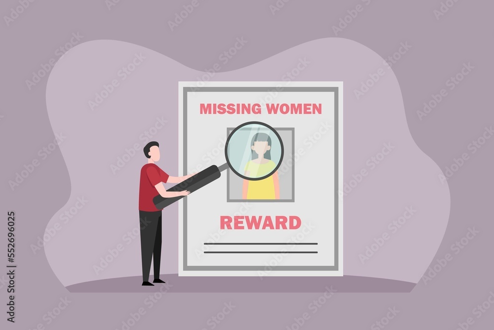 man looking at a missing woman poster while using a magnifying glass ...