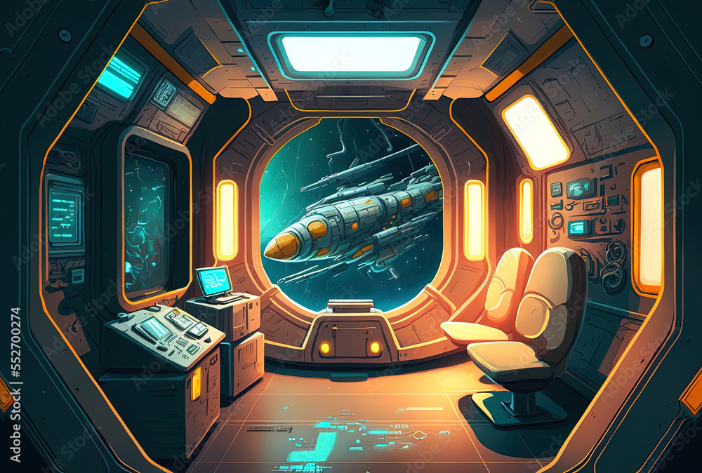 Spaceship interior architecture and an empty platform for a cyberpunk ...