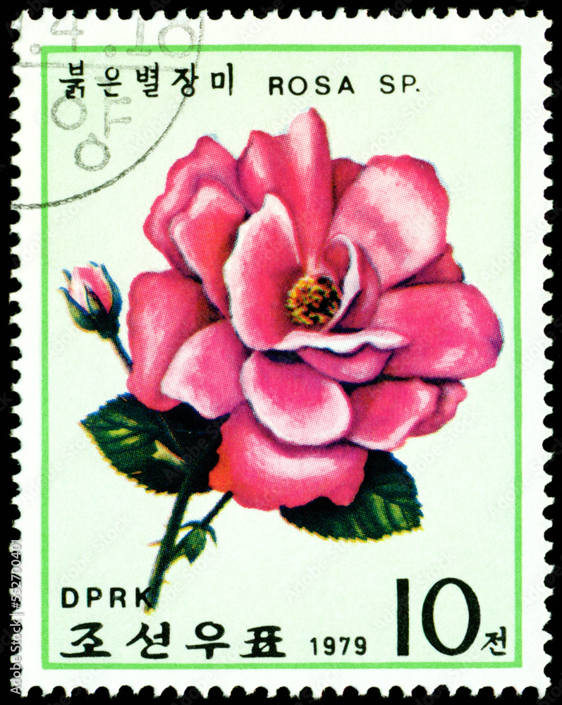 Vintage postage stamp. The Flowerses of the dark red rose. Stock Photo ...