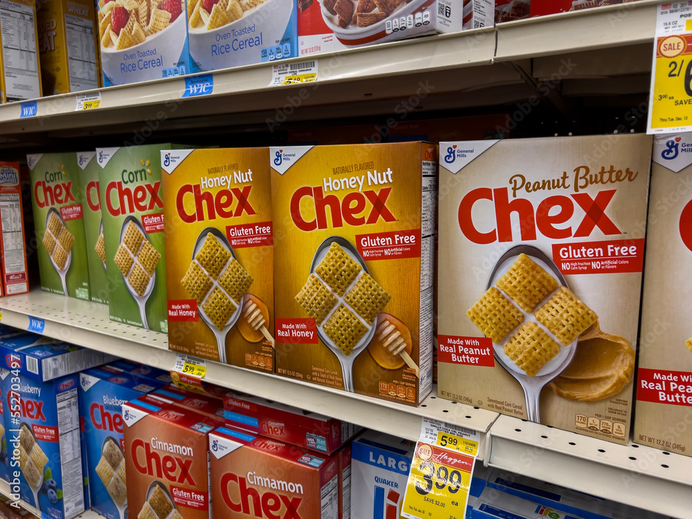 Woodinville, WA USA - circa December 2022: Angled view of Chex cereal ...