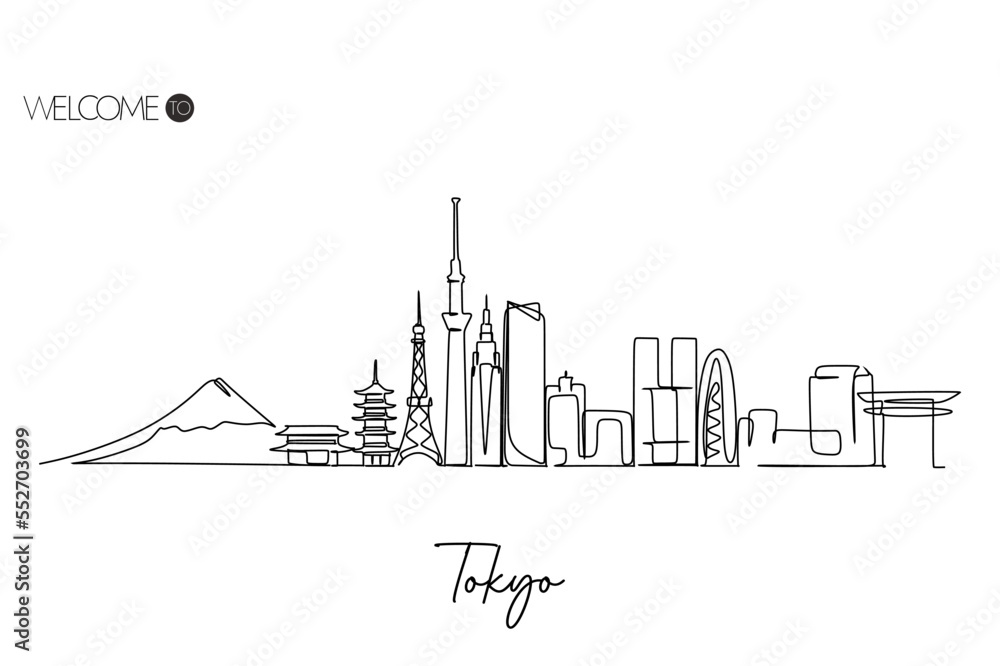 Continuous line drawing of Tokyo city skyline Japan. World Famous ...
