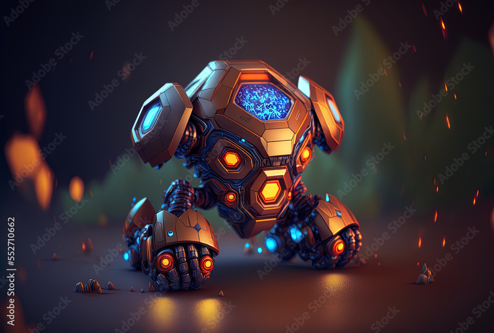 Magic artwork of a little hexagonal robot with ray tracing rim lights ...