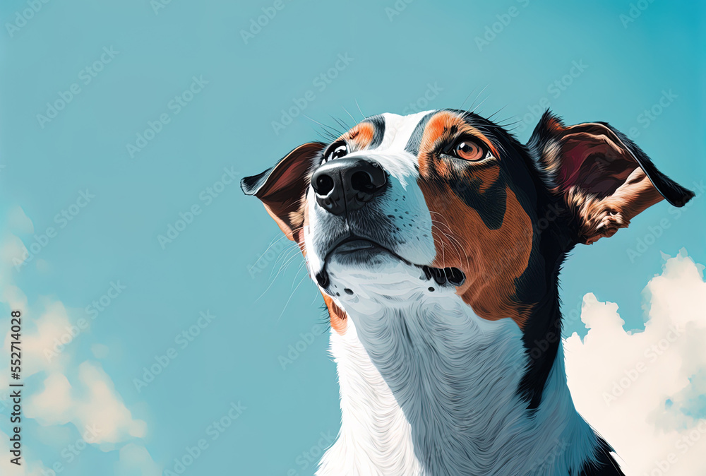 lovely dog portrait staring upward. isolated on a pale blue backdrop ...