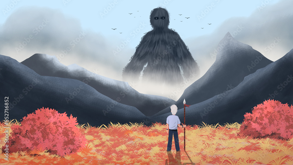 A man facing a giant hairy giant full body. Fantasy world adventure ...