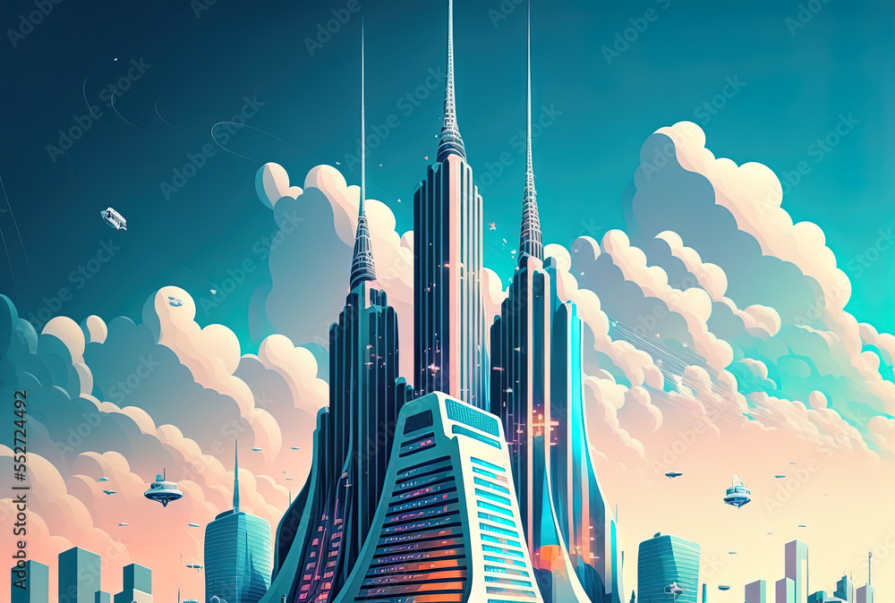 Design of abstract tower building in a futuristic sky metropolis with ...