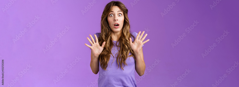 Ambushed shocked girl gasping not expect friend jump out corner raise ...