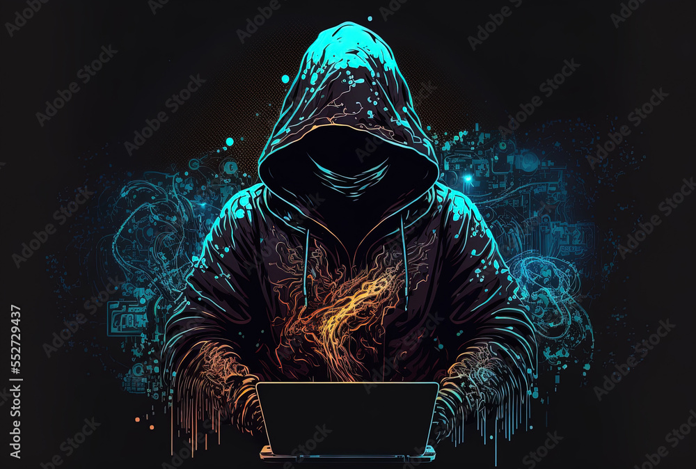 Concept Of Personal Data Theft And Hacking With Abstract Digital Metaverse Wallpaper And Hooded