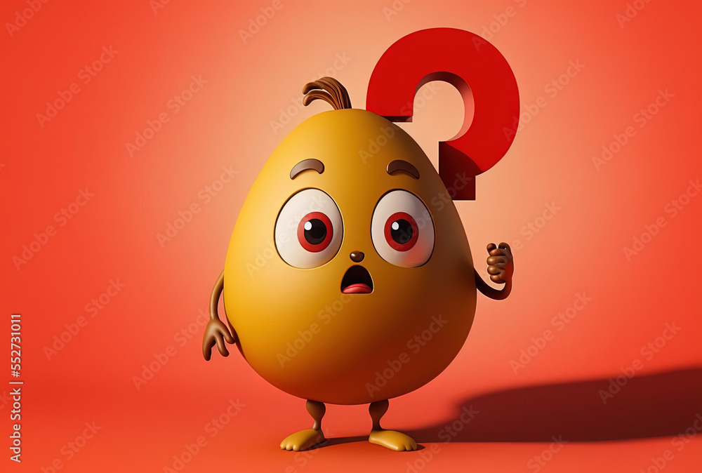 Character mascot of a brown chicken egg holding a red question mark ...