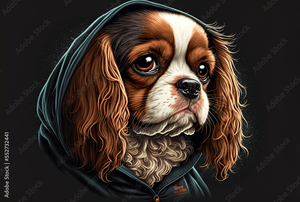 Cavalier King Charles Spaniel dog's snout protruding from the hood ...