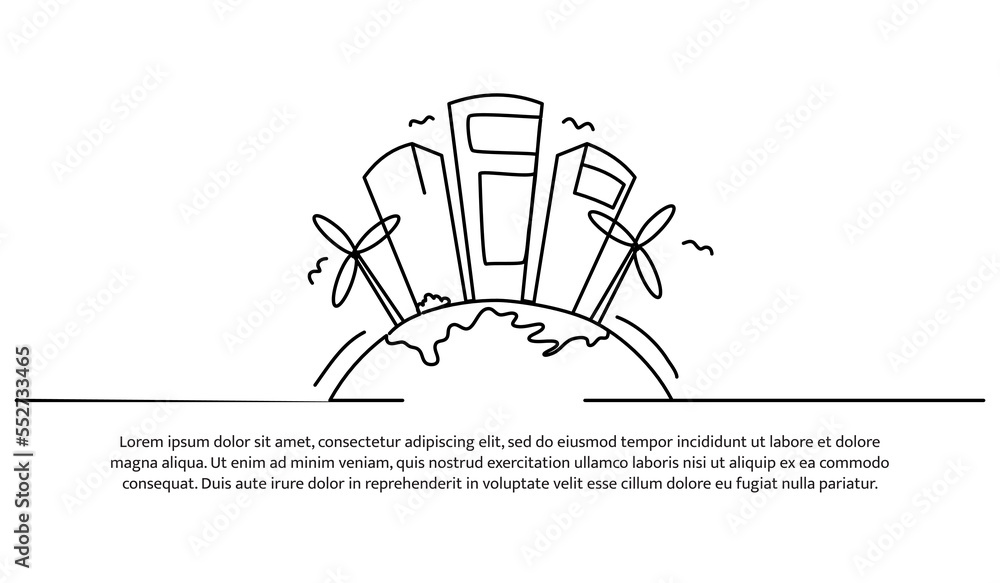Continuous line design of buildings and earth. Friendly cities harness ...