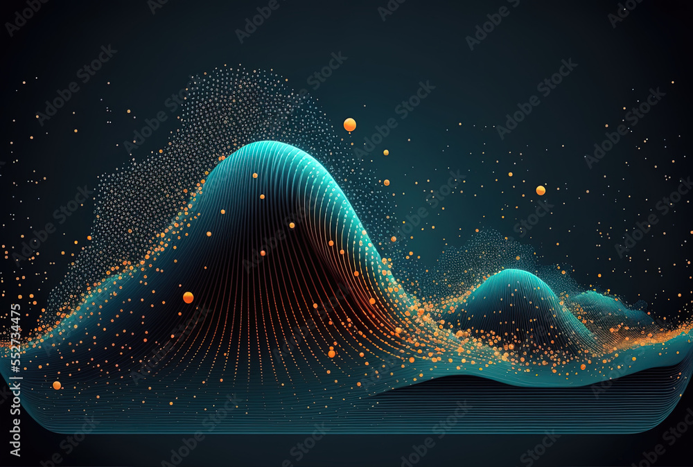 Big data visualization shows a digital dynamic wave of particles on a ...