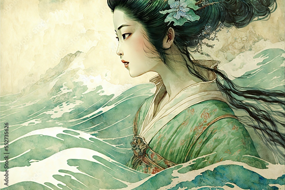 neo traditional water ink painting of the ancient Goddess of Rivers ...