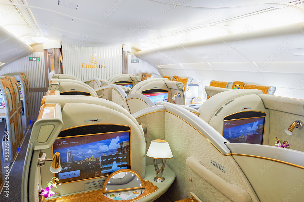 BANGKOK, THAILAND - MARCH 31, 2015: interior of Emirates Airbus A380 ...
