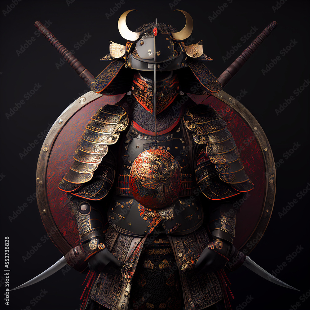 Fully armored samurai with sword and shield created with generative AI ... Fully armored samurai with sword and shield created with generative AI ...