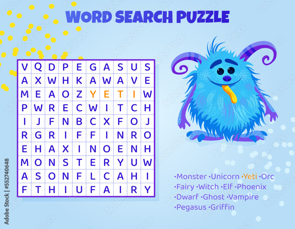 Word search puzzle for kids with mythical animals. Stock Vector | Adobe ...