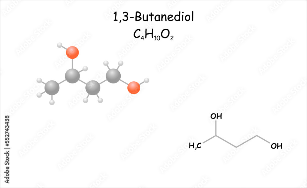 Stylized 2d molecule model/structural formula of 1,3-Butanediol. Substance has slightly ...