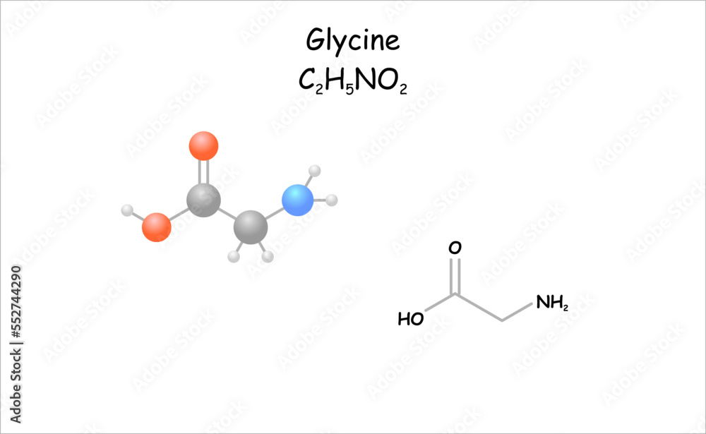 Stylized 2d molecule model/structural formula of glycine. Use as ...