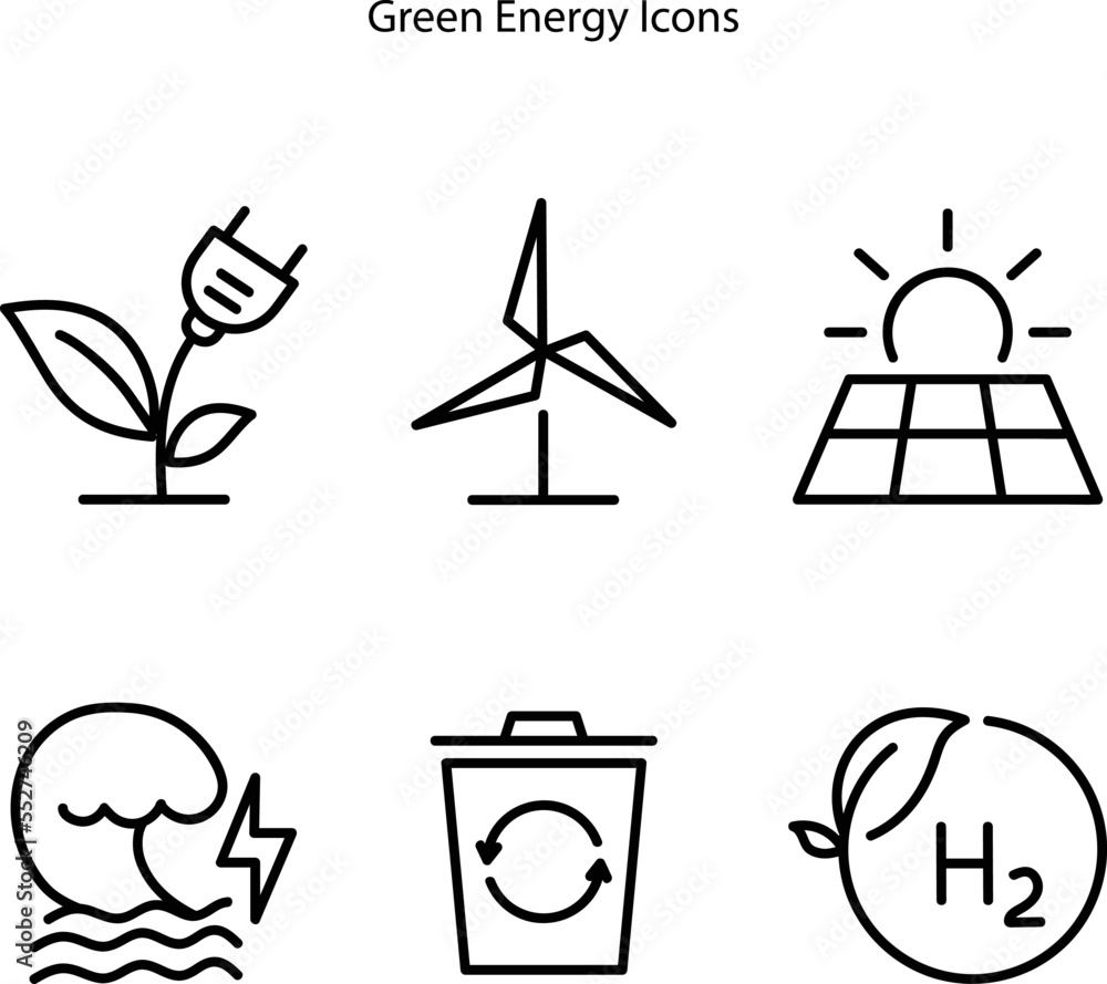Green sustainable energy icons set isolated on white background. Wind ...
