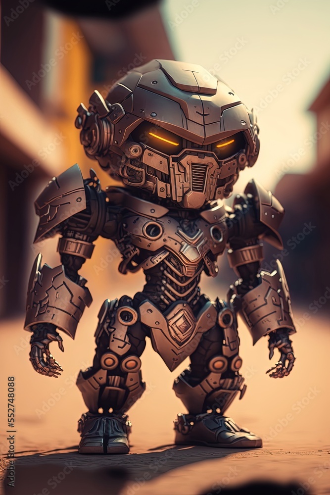 a cute toy chibi mecha in myrmidon armor, stainless skin, dramatic ...