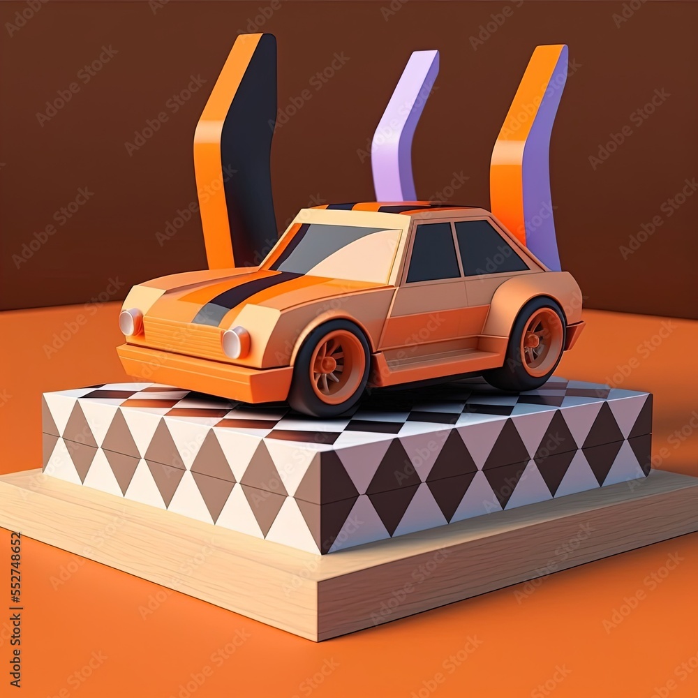 pixar style, car on display, on podium , orange racing stripes, 3D ...
