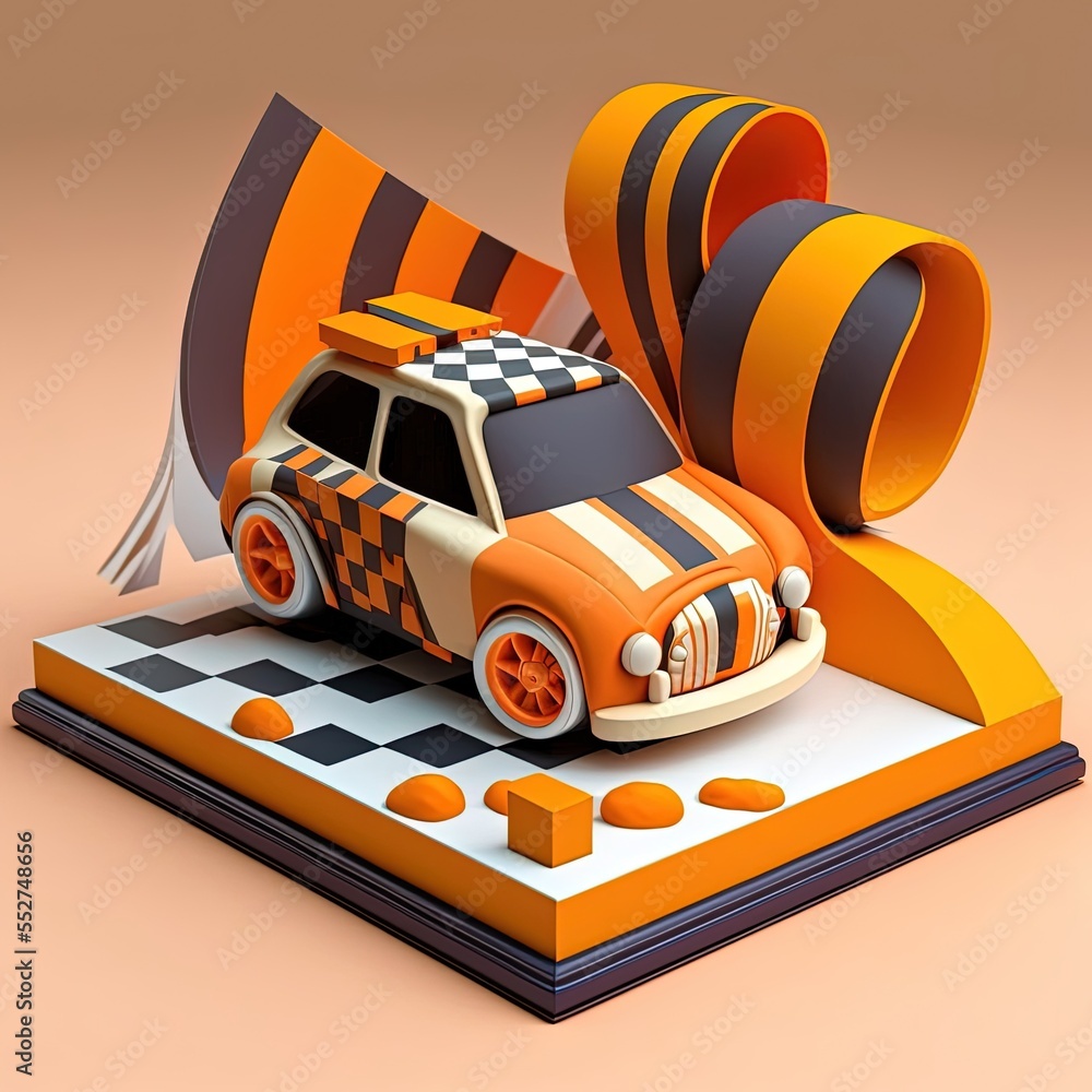pixar style, car on display, on podium , orange racing stripes, 3D ...