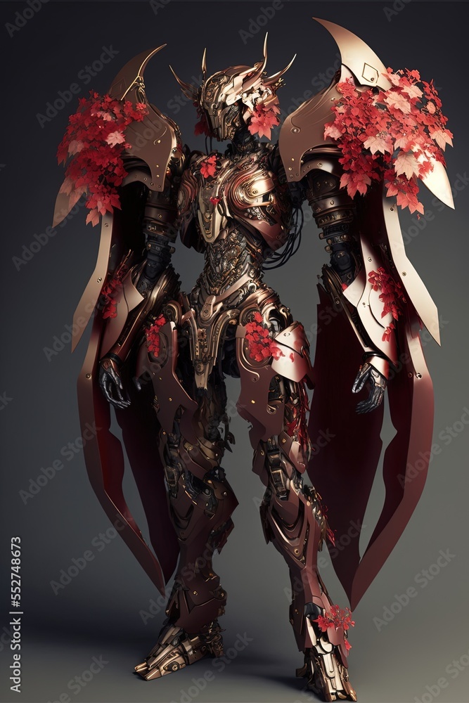 red and ivory scifi mech suit, metal floral armor, mech design complex ...