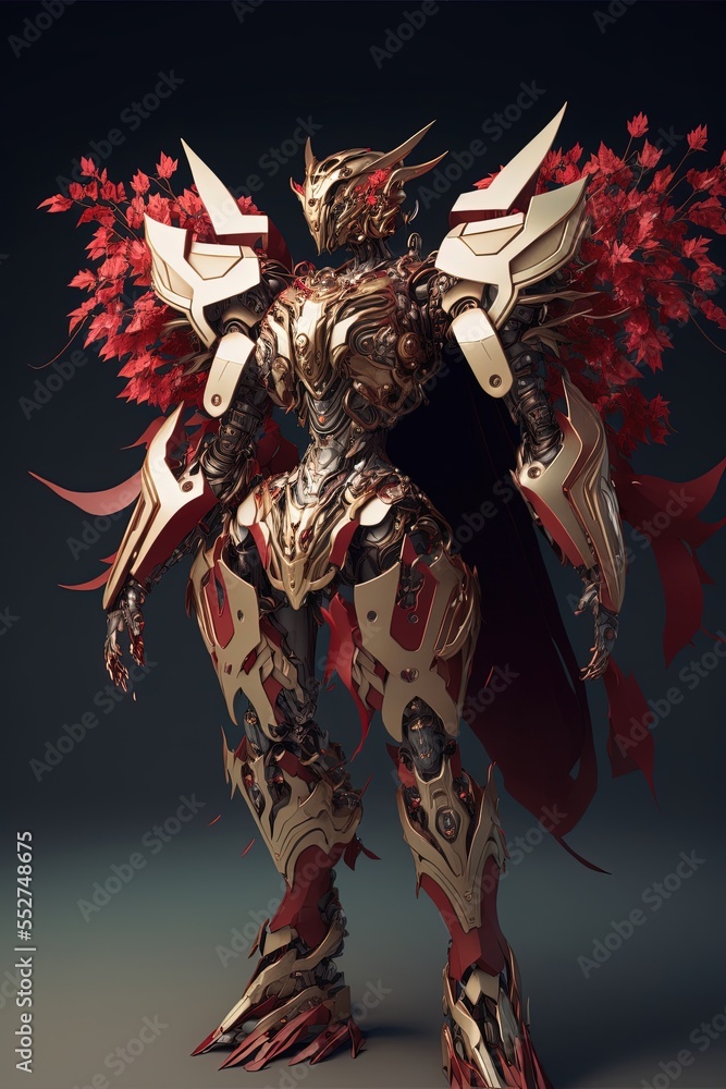 red and ivory scifi mech suit, metal floral armor, mech design complex ...