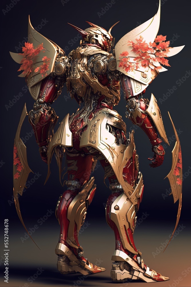 red and ivory scifi mech suit, metal floral armor, mech design complex ...