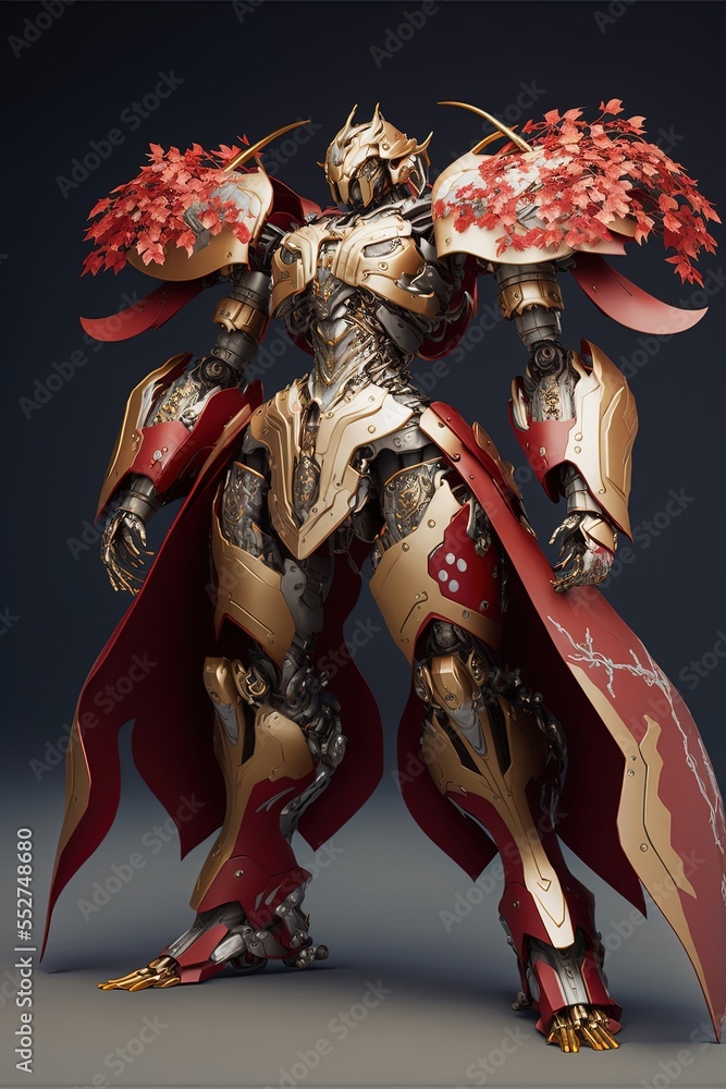 red and ivory scifi mech suit, metal floral armor, mech design complex ...