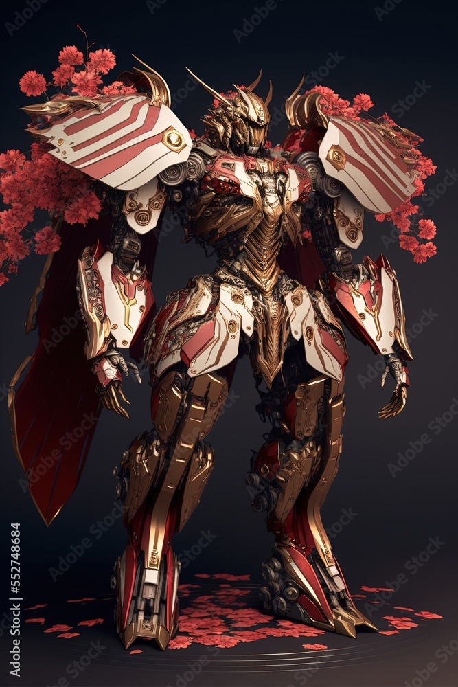 red and ivory scifi mech suit, metal floral armor, mech design complex ...