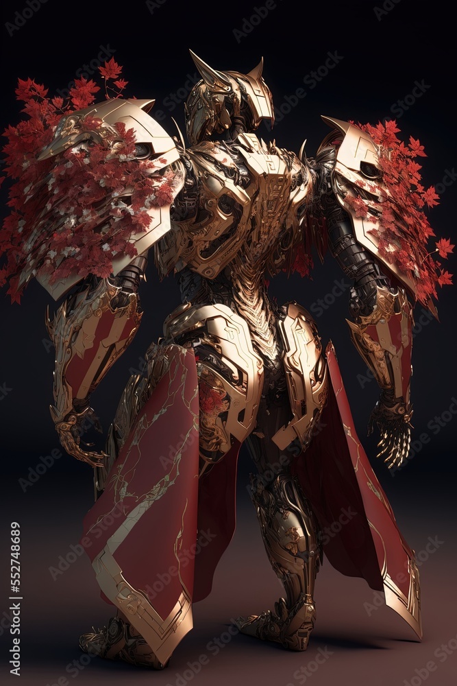 red and ivory scifi mech suit, metal floral armor, mech design complex ...