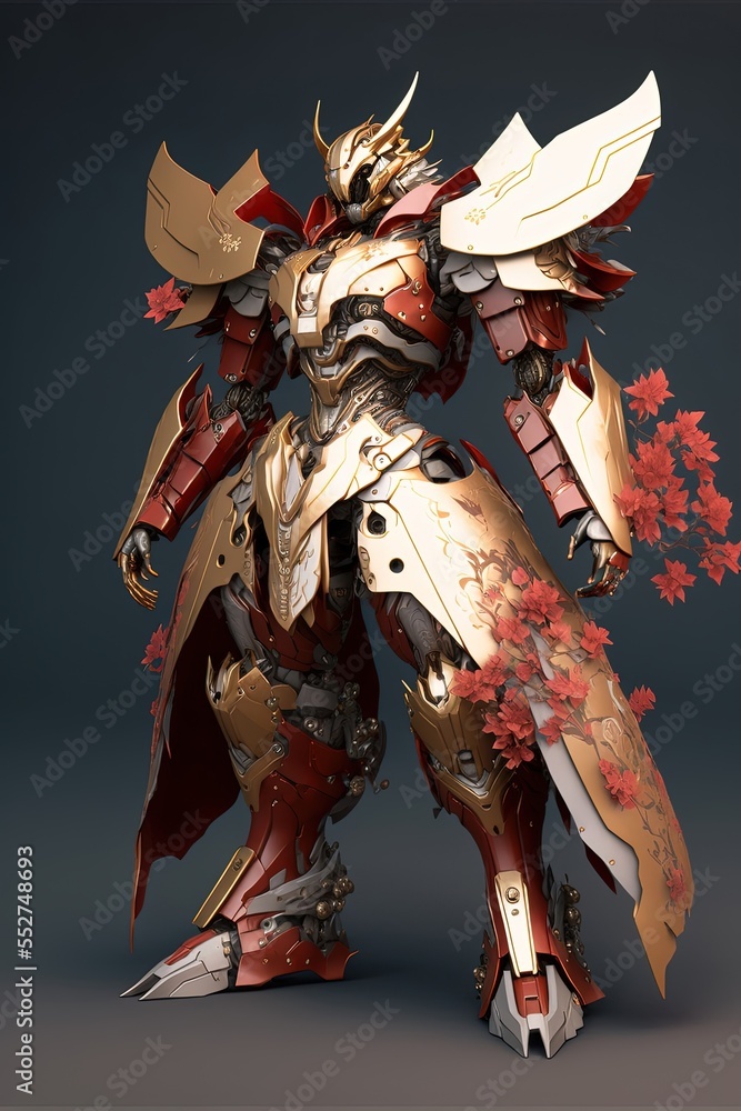 red and ivory scifi mech suit, metal floral armor, mech design complex ...
