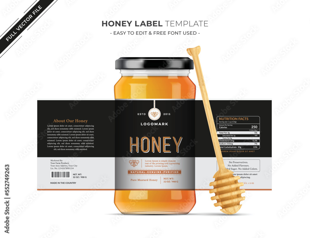 Bee pure Honey design glass jar bottle label, creative and modern ...