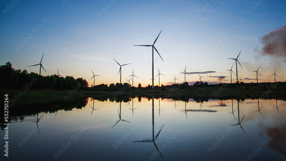 Powerful wind turbine farm for pure energy production on beautiful ...